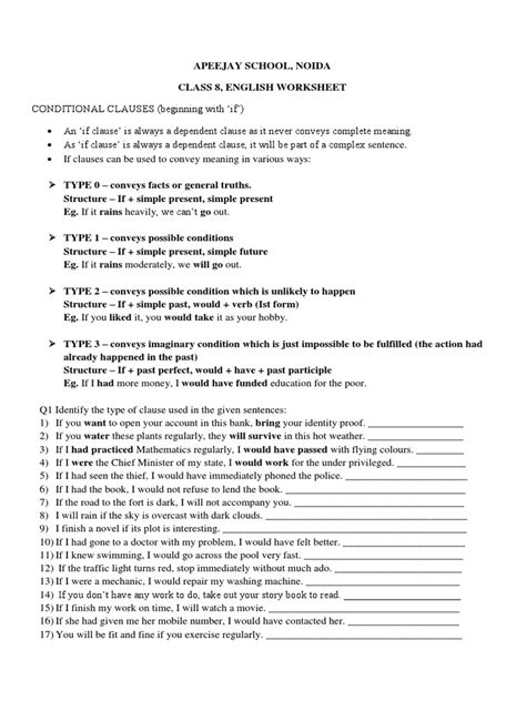 Class 8 Worksheet Conditional Clauses Pdf Grammar Linguistics
