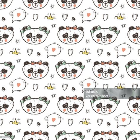 귀여운 아기 여자 팬더 벡터 완벽 한 패턴입니다 공주 팬더와 끝 없는 배경 화면 손으로 그린 낙서 재미 흑백 곰입니다 아이 들을 위한 배경 검은색에 대한 스톡 벡터 아트 및