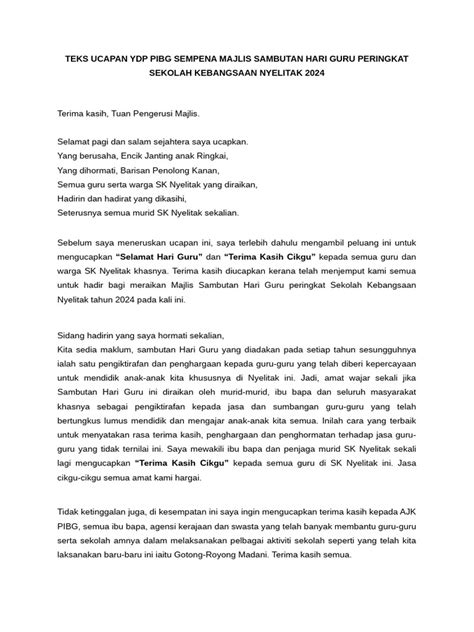 Teks Ucapan Ydp Pibg Sempena Majlis Sambutan Hari Guru Peringkat