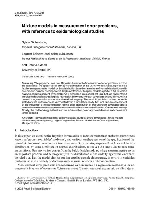 Pdf Mixture Models In Measurement Error Problems With Reference To Epidemiological Studies