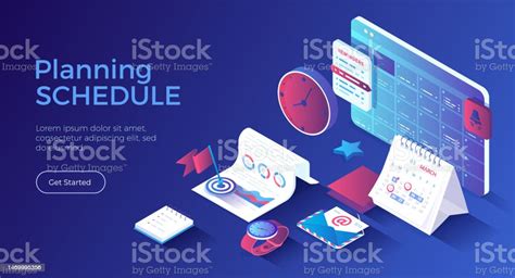 일정 및 달력 계획 시간 관리 작업 계획 조직 응용 프로그램 회의 이벤트 알림 아이소메트릭 랜딩 페이지 벡터 웹 배너입니다 시간