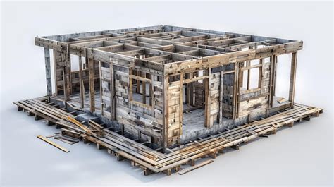 Partially Built Residential Structure With Framework Bare Walls And Construction Materials