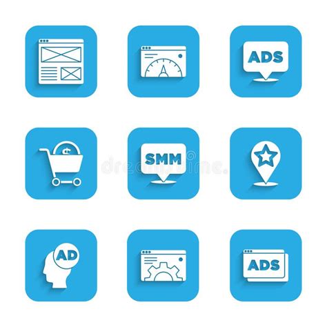 Set Social Media Marketing Browser Setting Advertising Map Pointer With Star Shopping Cart