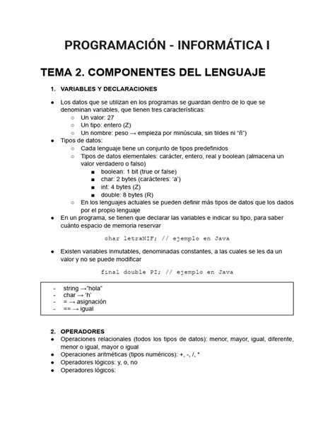 t2 componentes del lenguaje programación pdf tipo de datos