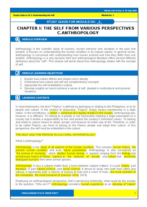 GE1 Module 3 Anthropology 3 STUDY GUIDE FOR MODULE NO 3 Study Guide In GE1 Understanding