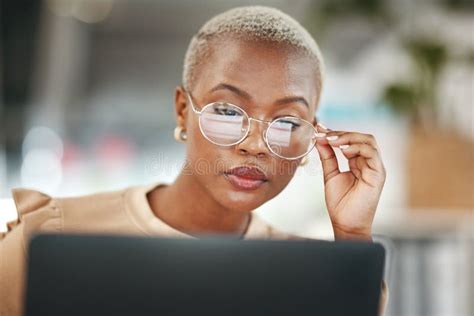 Office Laptop And Black Woman Reflection In Glasses And Thinking Checking Email Or Search On