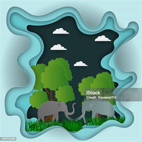 종이 코끼리와 자연 생태 아이디어 추상 배경 벡터 일러스트 레이 션에에서 나무 풍경 개척 3차원 형태에 대한 스톡 벡터 아트 및 기타 이미지 3차원 형태 개념 개념과