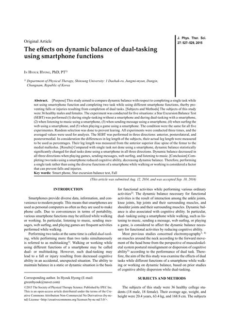 Pdf The Effects On Dynamic Balance Of Dual Tasking Using Smartphone Functions