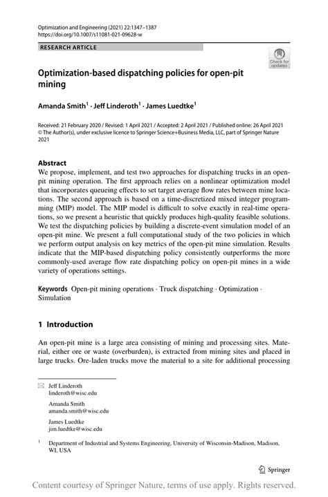 Optimization Based Dispatching Policies For Open Pit Mining Request Pdf