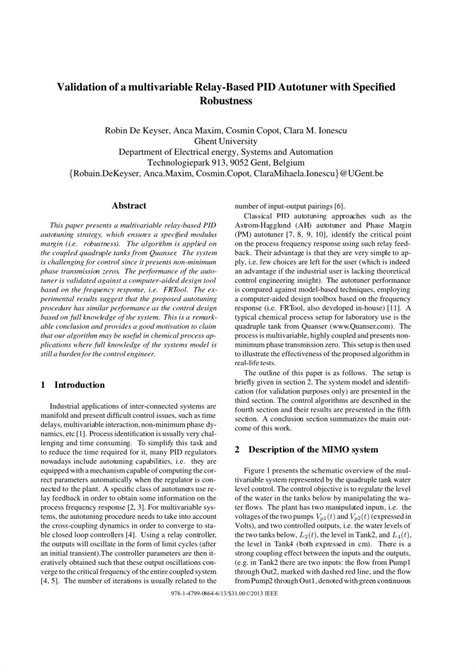 Pdf Validation Of A Multivariable Relay Based Pid Autotuner With