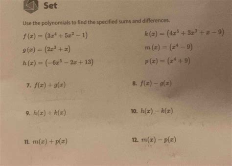 Solved Set Use The Polynomials To Find The Specified Sums And Differences F X 3x 4 5x 2 1 K