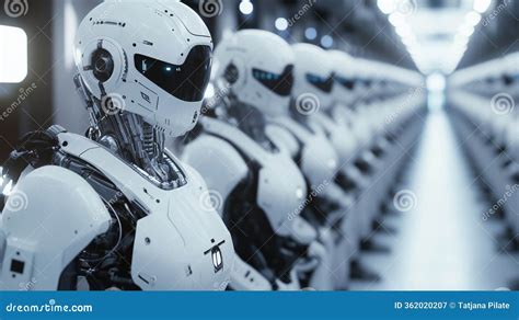 Humanoid Robots Working On Assembly Line Near Conveyor Bolt Cartoon Vector