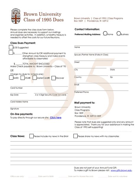 Brown University Class Of 1995 Dues Please Complete The Class Dues Form