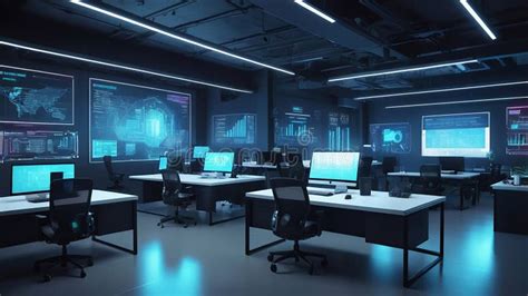Futuristic Neon Cyberpunk Office Blurred High Tech Workspace With