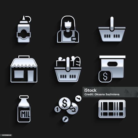 장바구니와 음식 달러로 동전 돈 바코드 판지 골판지 상자 가격 병 우유 시장 상점 및 소스 병 아이콘을 설정합니다 벡터 0명에 대한 스톡 벡터 아트 및 기타 이미지 Istock