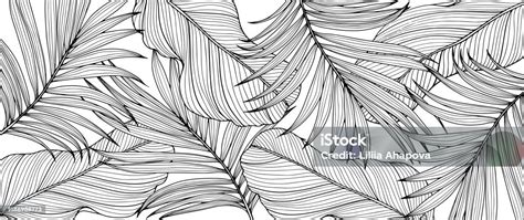 야자수와 바나나 잎이 있는 흑백의 세련된 열대 그림 색칠하기 책 장식 디자인 엽서 프레젠테이션의 배경 0명에 대한 스톡 벡터