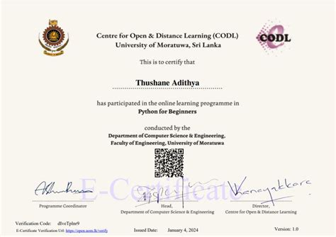 completion of python for beginners course thushane adithya posted on the topic linkedin