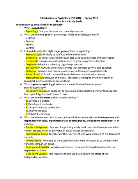 Final Study Guide Introduction To Psychology PSY Spring Final Exam Study Guide