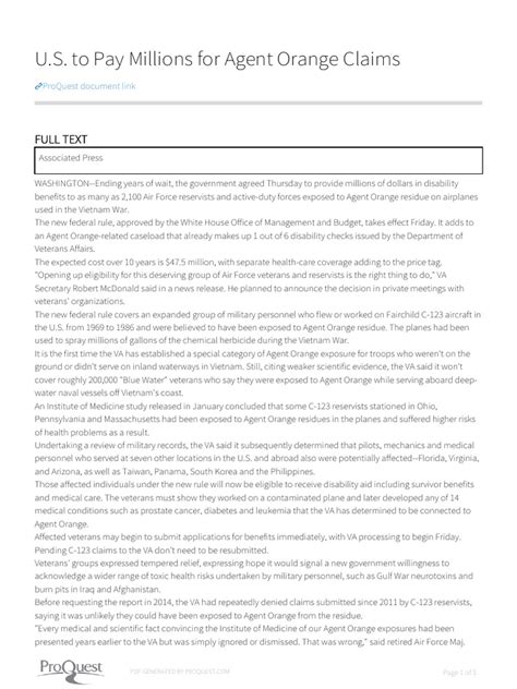 U S To Pay Millions For Agent Orange Claims Pdf Agent Orange