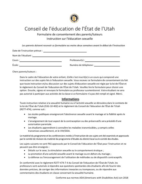 Utah Parent Guardian Consent Form Sex Education Instruction French