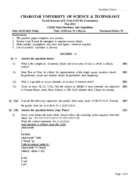 2022 Dsa Paper Charotar University Of Science And Technology Fourth