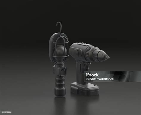 검은 색 배경에 어두운 회색 상점 빛과 충전 무선 전원 드릴 단일 색상 워크샵 도구 3d 렌더링 Diy에 대한 스톡 사진 및 기타 이미지 Istock