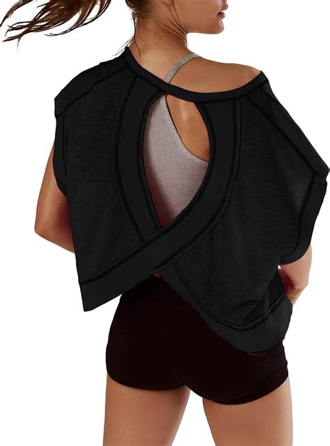 Women Short Sleeve Workout Shirts Open Back Tops Casual Yoga Y2k