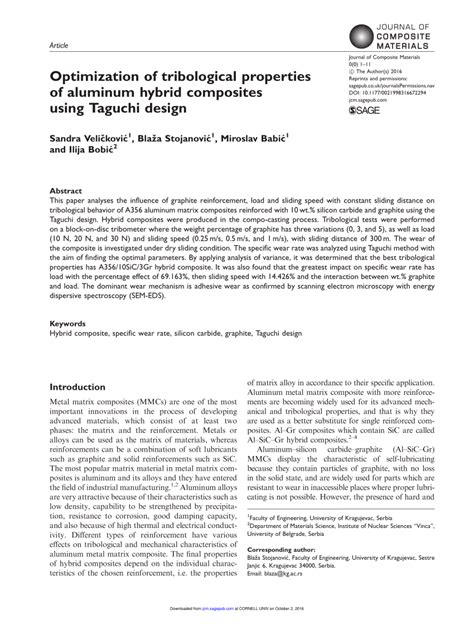 Pdf Optimization Of Tribological Properties Of Aluminum Hybrid Composites Using Taguchi Design