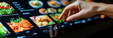 woman browsing a digital food menu on a touchscreen display ordering