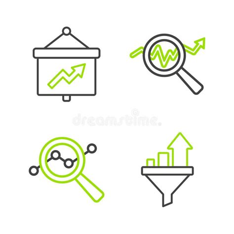 Set Line Sales Funnel With Chart Search Data Analysis And Board Graph Icon Vector Stock