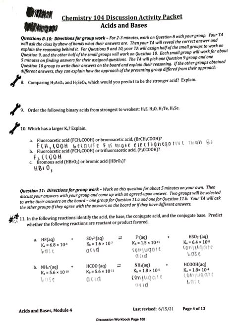 Module 4 Acids And Bases Chemistry 104 Discussion Activ Ity Packet Acids And Bases Questions