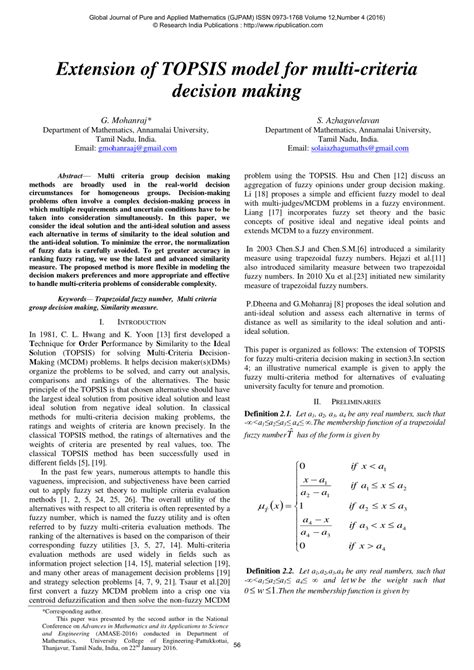 Pdf Extension Of Topsis Model For Multi Criteria Decision Making