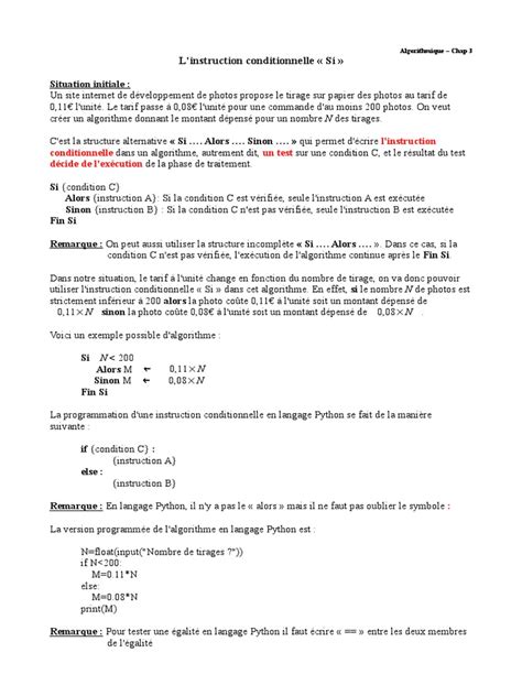 Algorithmique Chap 3 La Structure Conditionnelle Si Pdf