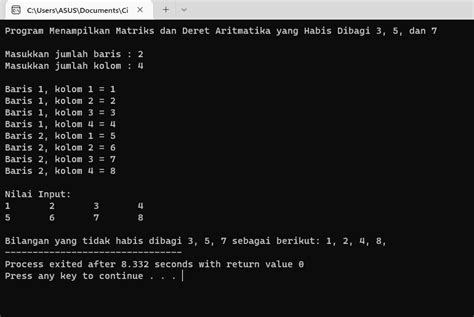 Program Menampilkan Matriks Dan Bilangan Deret Aritmatika Yang Tidak Habis Dibagi 3 5 Dan 7