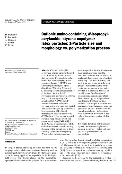Pdf Cationic Amino Containing N Isopropyl Acrylamide Styrene Copolymer Latex Particles 1