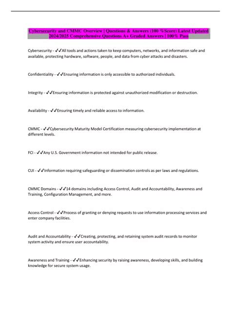 Cybersecurity And Cmmc Overview Questions And Answers 100 Score Latest Updated 2024 2025