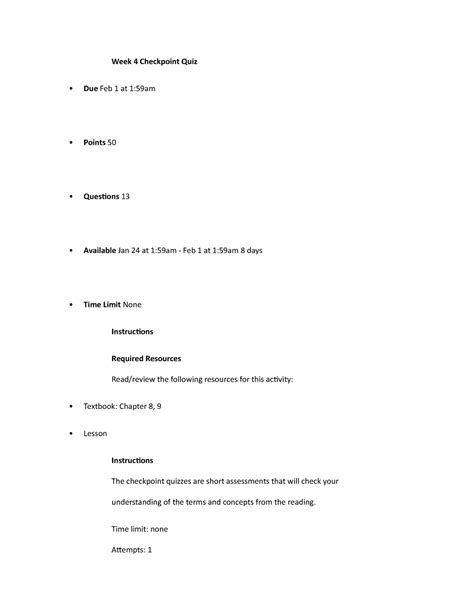 Week 4 Quiz Week 4 Quiz With Answers Week 4 Checkpoint Quiz Due Feb