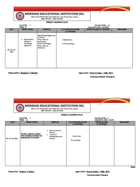 Weekly Learning Plan Week 33 Examination Pdf