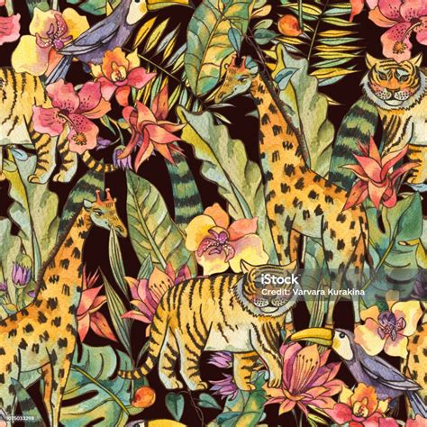 난초 몬스 테라 팜 리아 나 호랑이 기린의 꽃으로 수채화 원활한 패턴 0명에 대한 스톡 벡터 아트 및 기타 이미지 0명