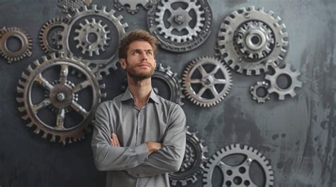 Premium Photo Confident Professional Man Contemplating Among Symbolic Gears Representing