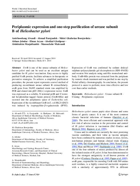 Pdf Periplasmic Expression And One Step Purification Of Urease Subunit B Of Helicobacter Pylori