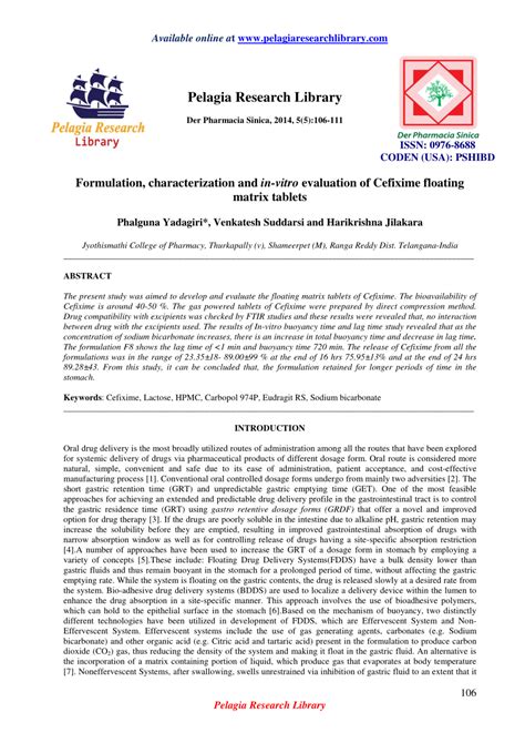 Pdf Formulation Characterization And In Vitro Evaluation Of Cefixime Floating Matrix Tablets