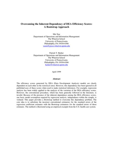 Pdf Overcoming The Inherent Dependency Of Dea Efficiency Scores A Bootstrap Approach