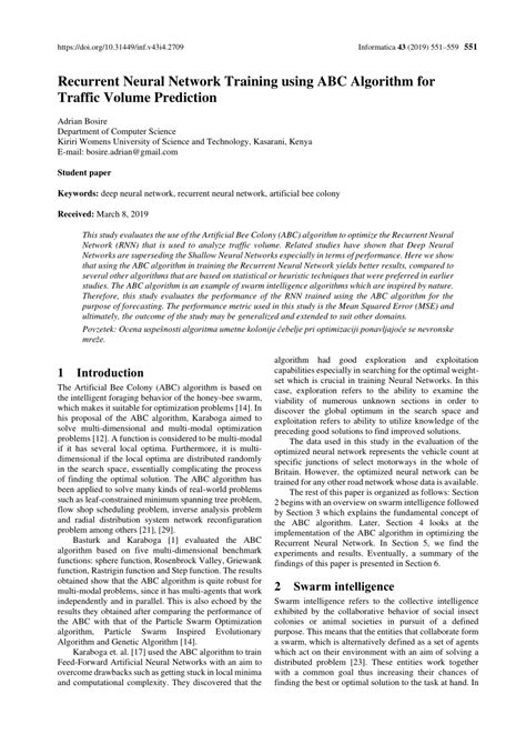 Pdf Recurrent Neural Network Training Using Abc Algorithm For Traffic Volume Prediction
