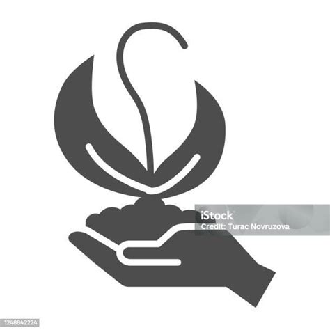 손 단단한 아이콘에 젊은 새싹 생태 개념 흰색 배경에 토양 기호원예 식물 손 조심스럽게 글리프 스타일의 두 잎 아이콘묘를 보유하고 있습니다 벡터 그래픽 개념에 대한 스톡