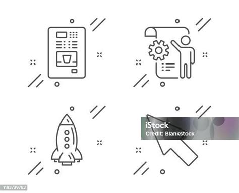 커피 자동 판매기 설정 청사진 및 로켓 아이콘 세트 마우스 커서 기호입니다 벡터 겨냥에 대한 스톡 벡터 아트 및 기타 이미지