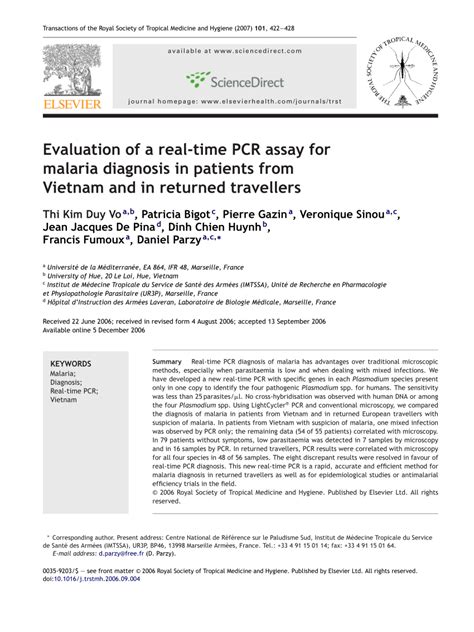 Pdf Evaluation Of A Real Time Pcr Assay For Malaria Diagnosis In Patients From Vietnam And In
