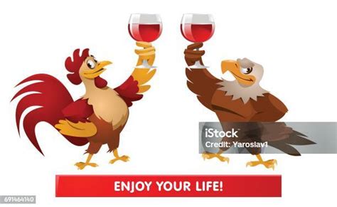 붉은 수 탉과 미국의 대머리 독수리는 토스트를 주는 건배입니다 인사말입니다 축 하입니다 당신의 인생을 즐기십시오 만화에 대한 스톡 벡터 아트 및 기타 이미지 Istock