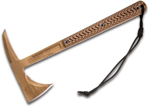 Rmj Tactical Kestrel Tomahawk 13 Overall Tan Burlap Finish Hyena Brown G10 Handle Kydex