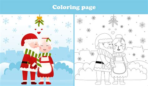 산타 클로스 캐릭터와 Mrs Claus 키스가있는 크리스마스 색칠 공부 페이지 만화에서 어린이를위한 인쇄 가능한 워크 시트